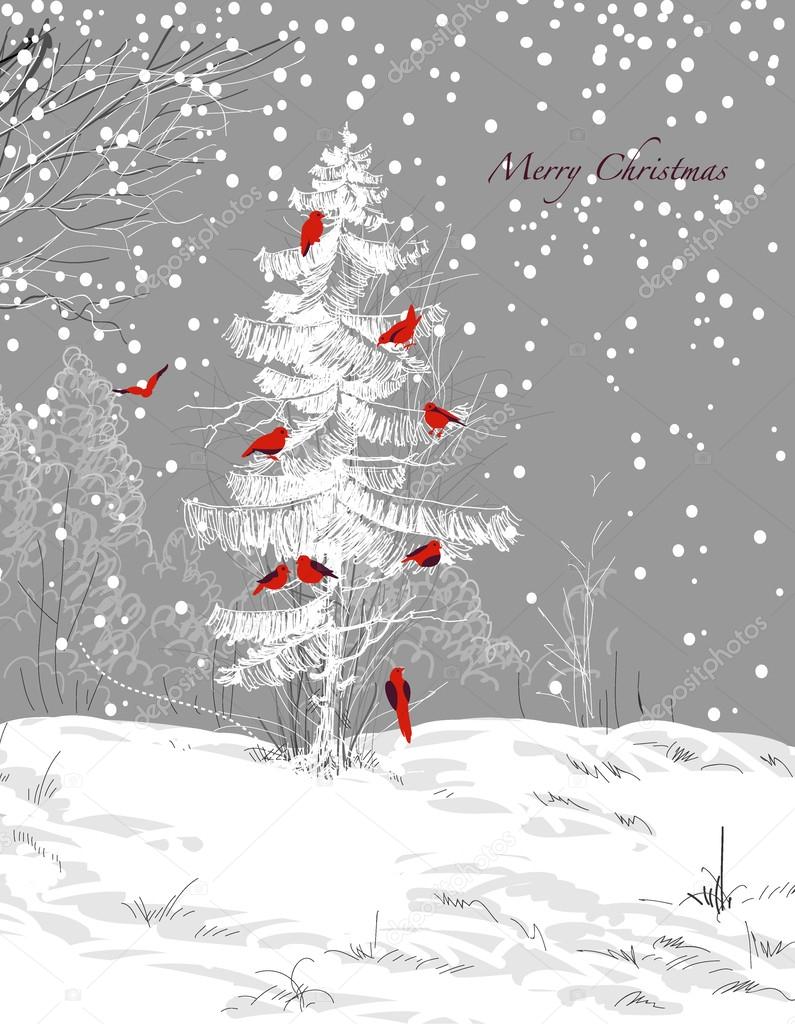 Birds Christmas tree, winter scene — Stock Vector © Danussa #56841483