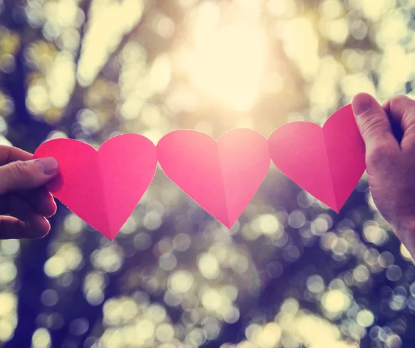 Hands holding string of paper hearts — Stock Photo © graphicphoto #53989987