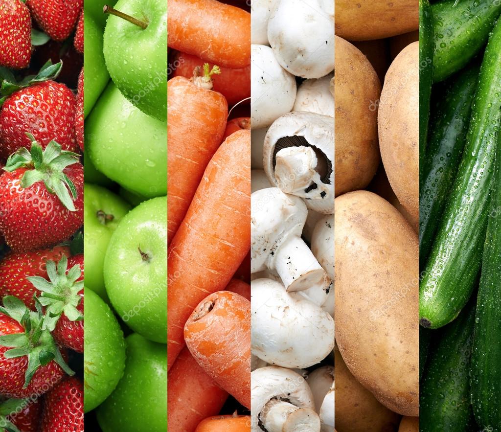 Colourful fruits and vegetables backgrounds collage — Stock Photo ... Colourful fruits and vegetables backgrounds collage — Stock Photo ...