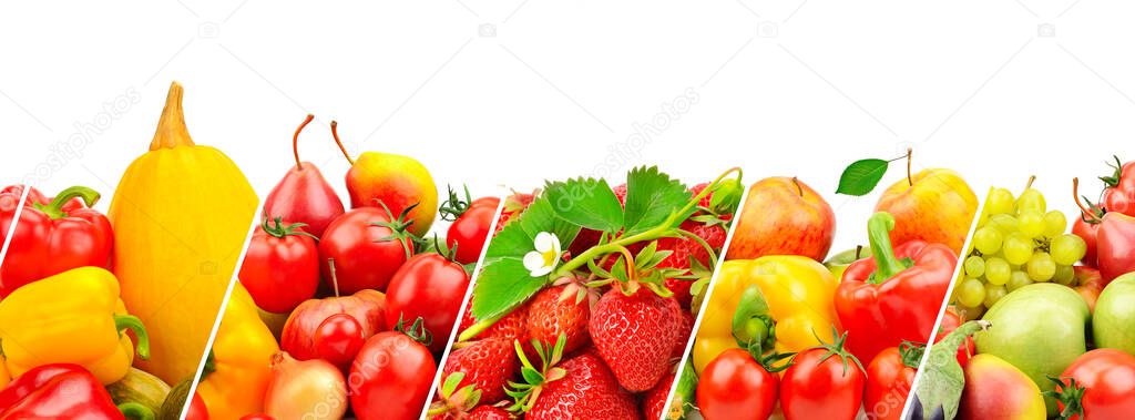 Diferentes frutas y verduras separadas líneas inclinadas aisladas sobre ...
