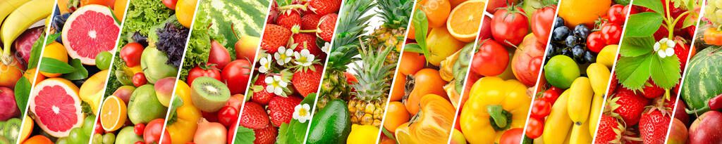 Amplia foto panorámica frutas frescas, verduras y bayas separadas ...