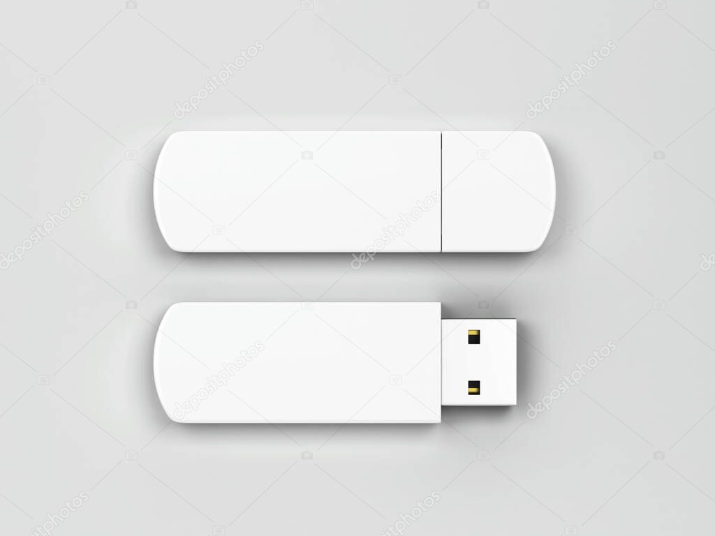 Unidad flash USB en blanco maqueta. Ilustración 3d sobre fondo gris 2024