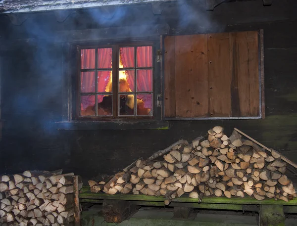 view through the window with glazing bars of a log cabin - Stock Image ...