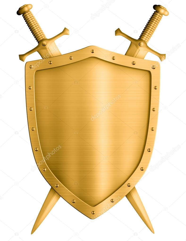 Gold medieval knight shield and crossed swords isolated — Stock Photo ...