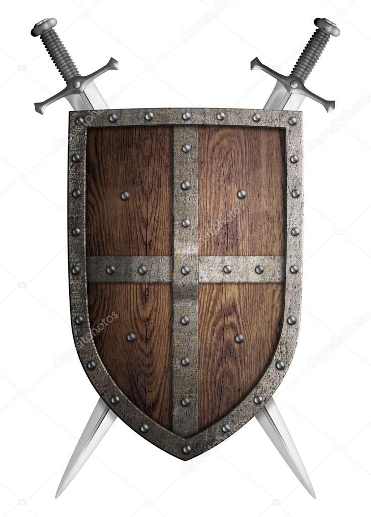 Old wooden medieval crusader shield and two crossed swords isolated ... Old wooden medieval crusader shield and two crossed swords isolated ...