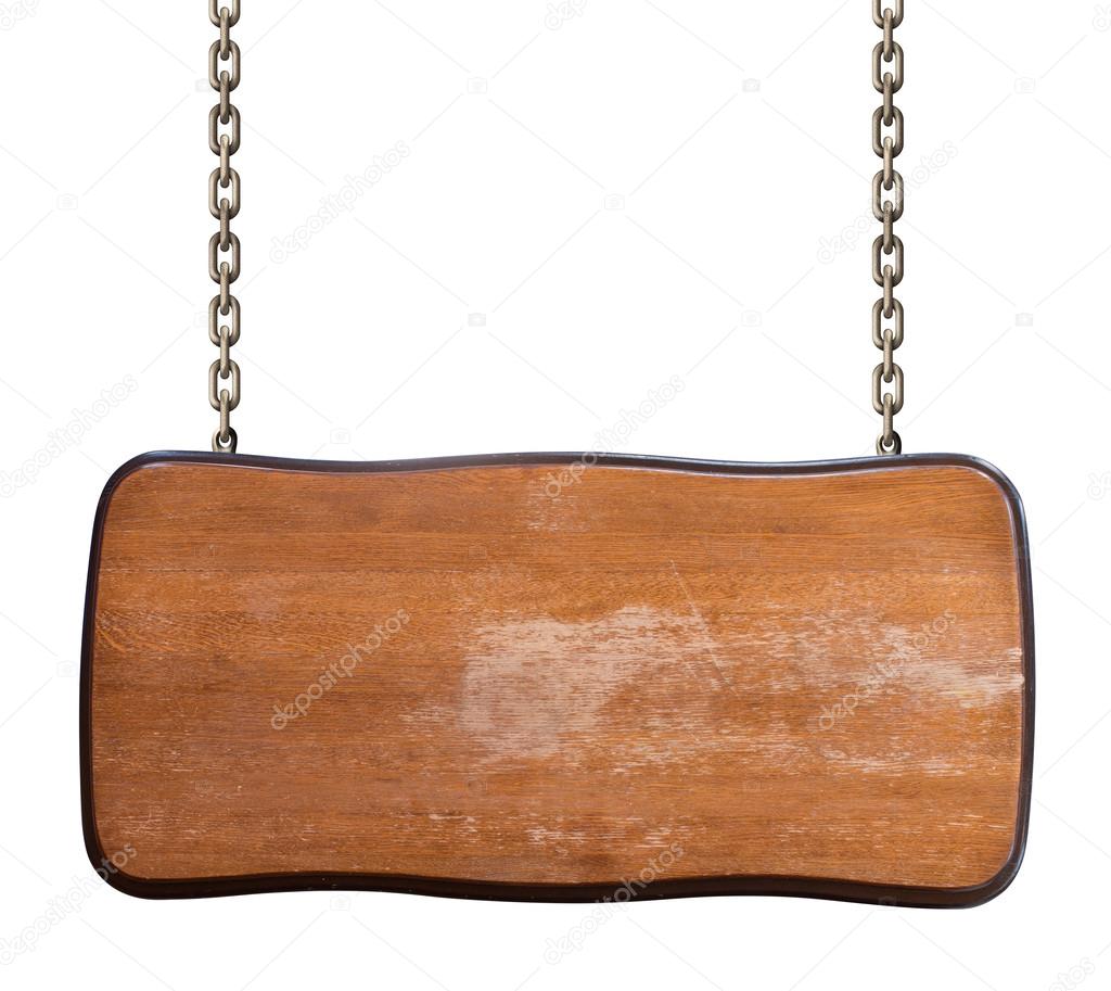 Worn wood signboard on chain isolated on white — Stock Photo © Andrey ...