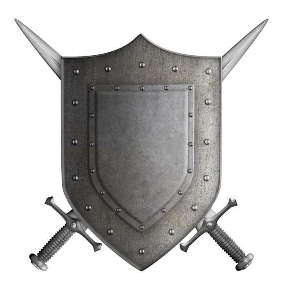 Aged metal shield with crossed swords isolated on white — Stock Photo ...