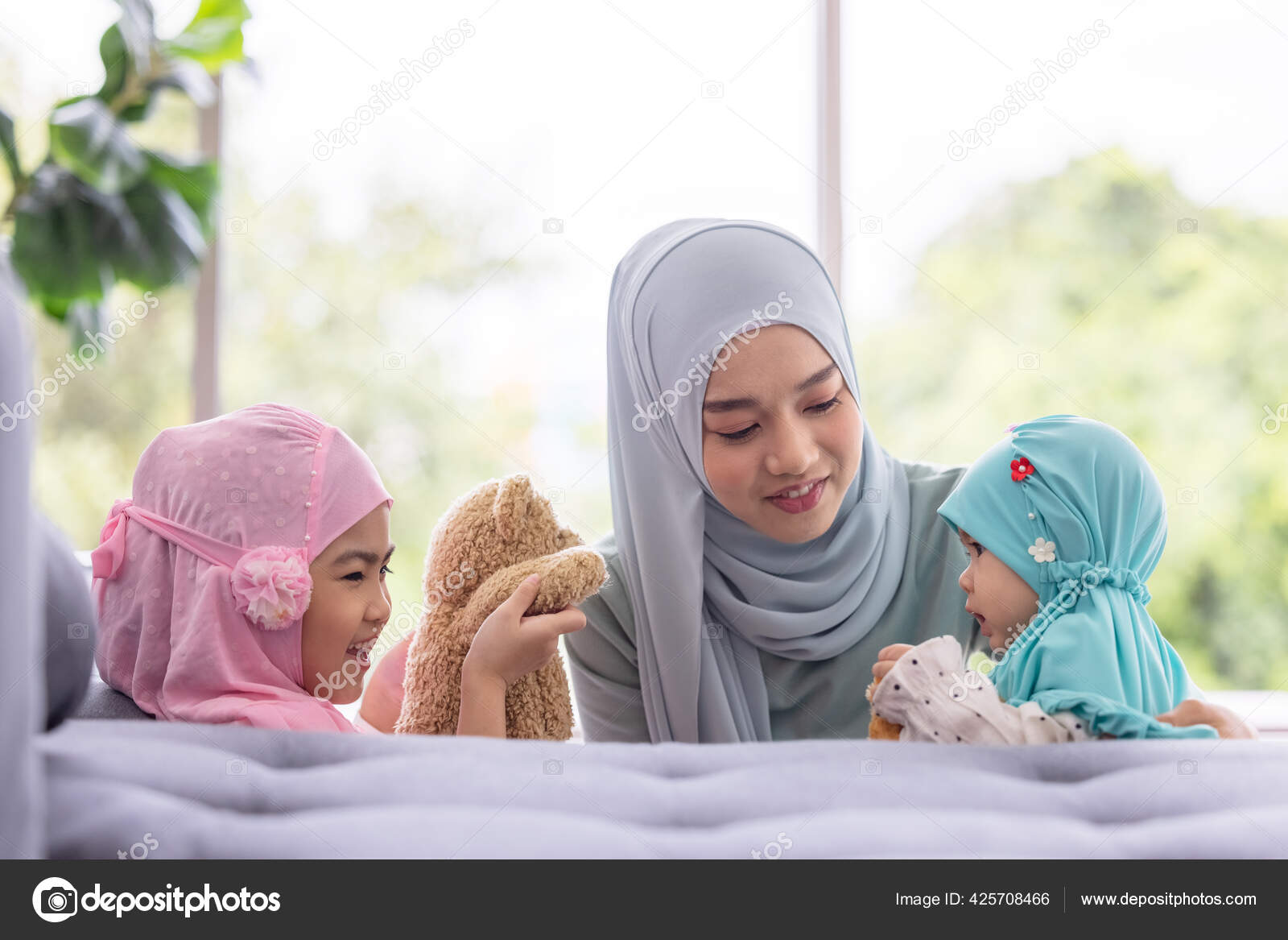 Muslim Mom Hijab Her Little Daughter Sitting Living Room Loving — Stock ...