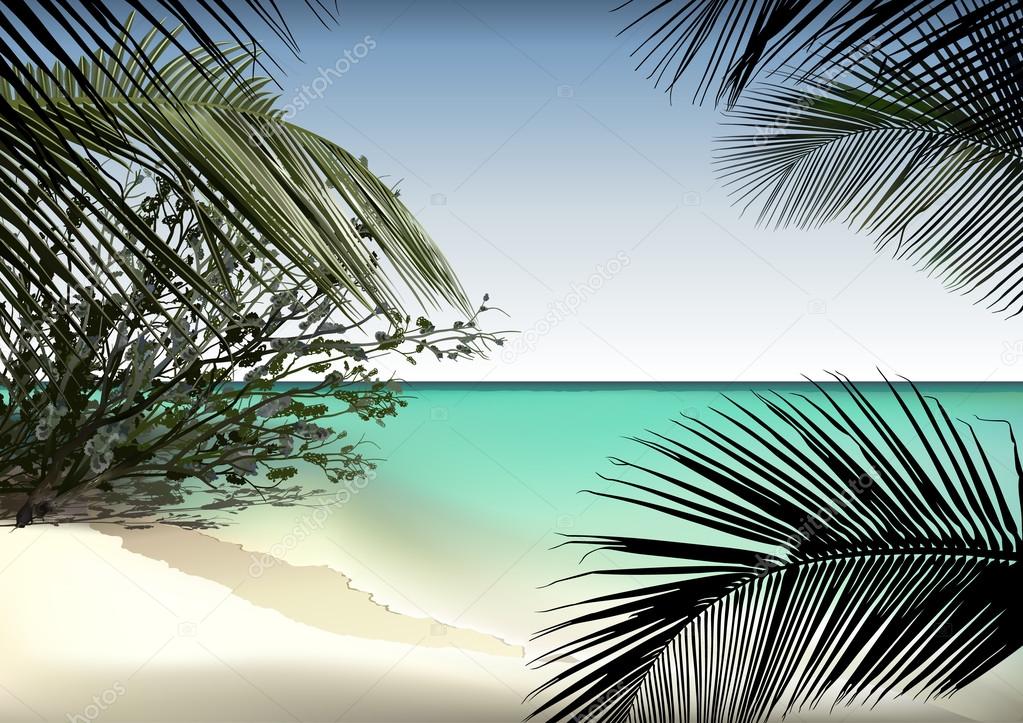 Tropical Beach with Palm Leafs Stock Vector Image by ©dero2010 #105476708