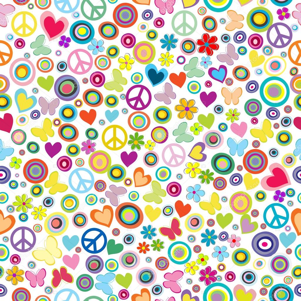 Flower power background seamless pattern with flowers, peace sig Stock ...