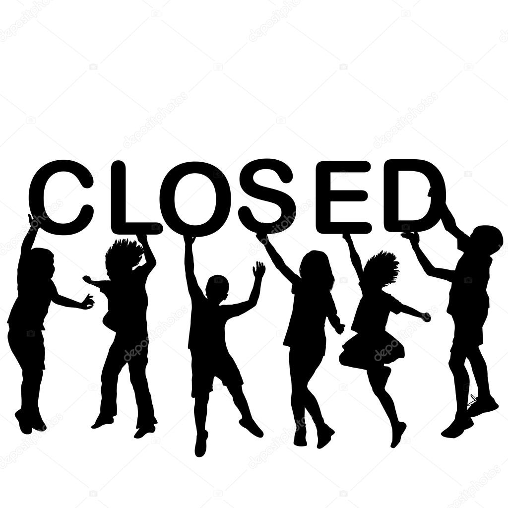 Children silhouettes holding letters with word CLOSED in their h ...
