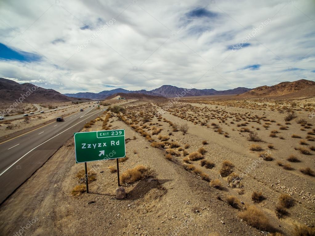 Zzyzx Road freeway sign along the Interstate 15 freeway near Baker ...