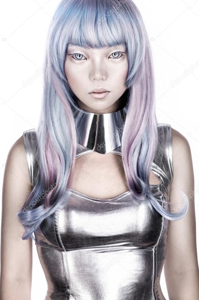 Alien woman in silver costume — Stock Photo © FlexDreams #61546761