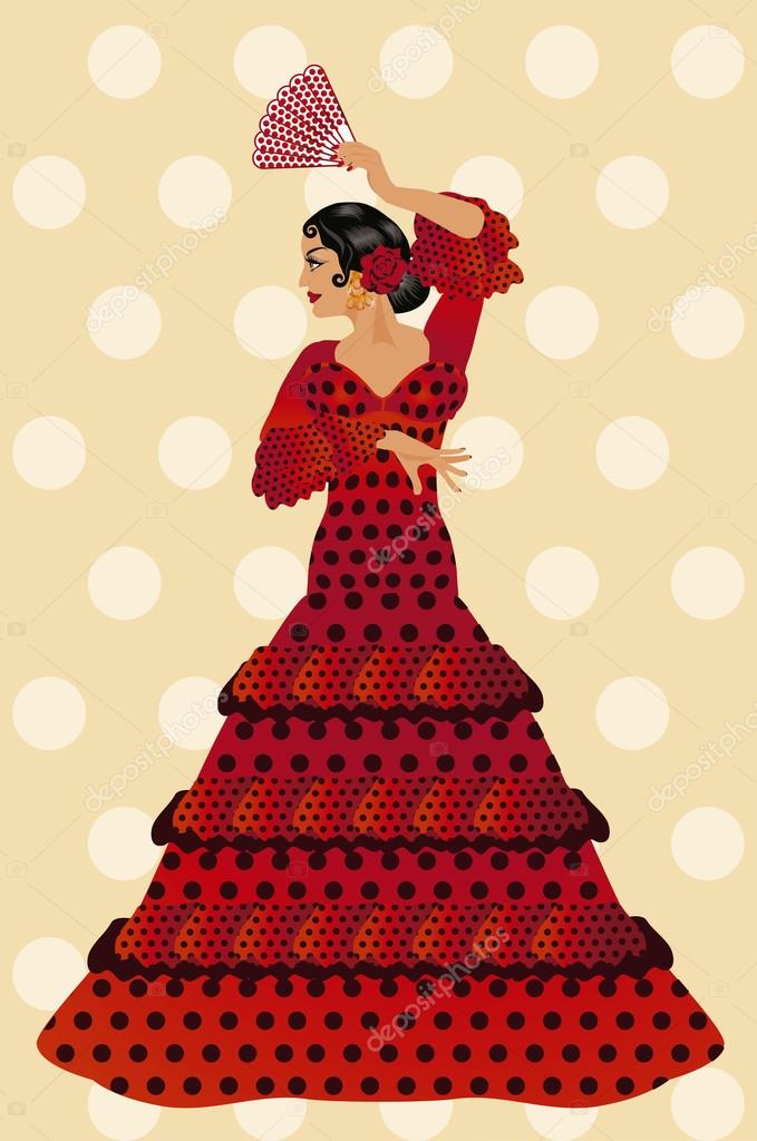 Beautiful Spanish Flamenco Girl With A Fan Vector Illustration Stock