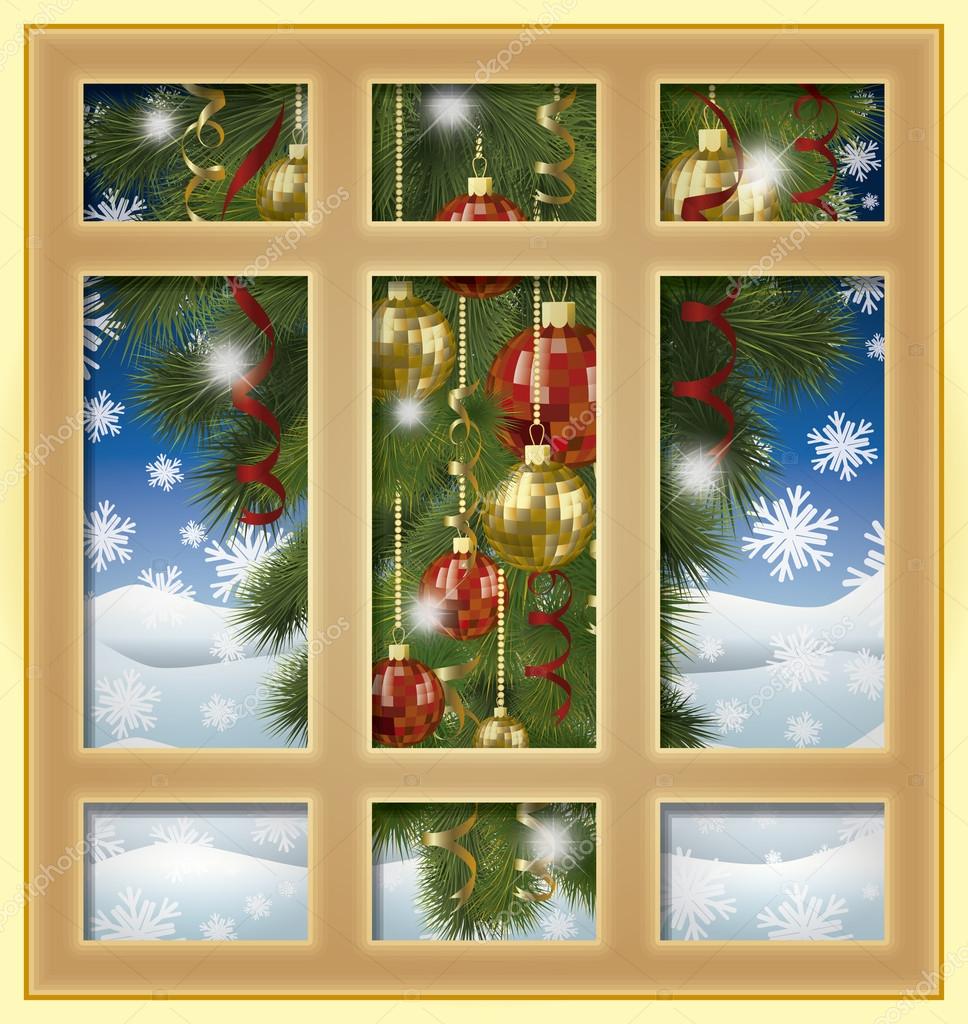 Frosted window and christmas tree, winter background, vector ...