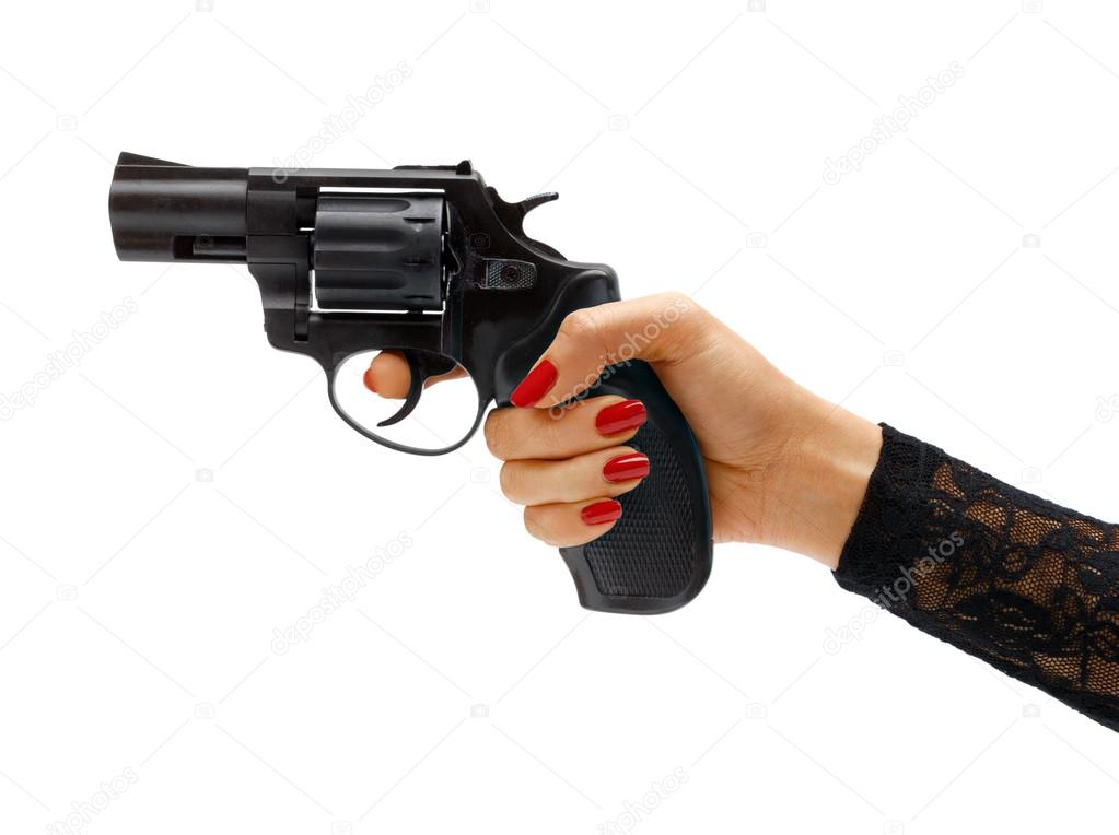 Female hand aiming revolver gun. — Stock Photo © RomarioIen #106216106
