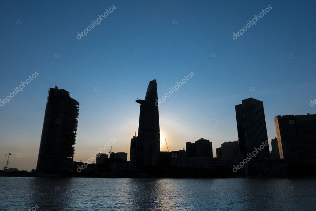 Sunset in Saigon with Bitexco tower silhouette, Vietnam — Stock Photo ...