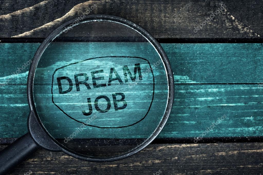 Dream Job text painted and magnifying glass on table — Stock Photo ...