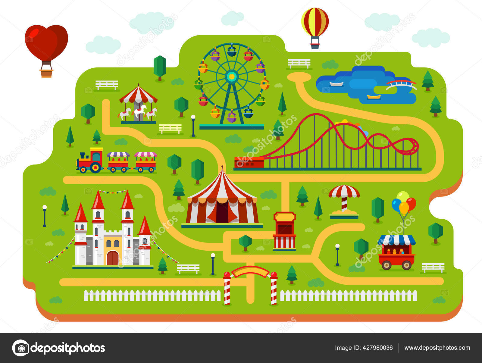 Amusement Park Map Funfair Carnival Rides Plan Stock Vector By ©cookamoto 427980036