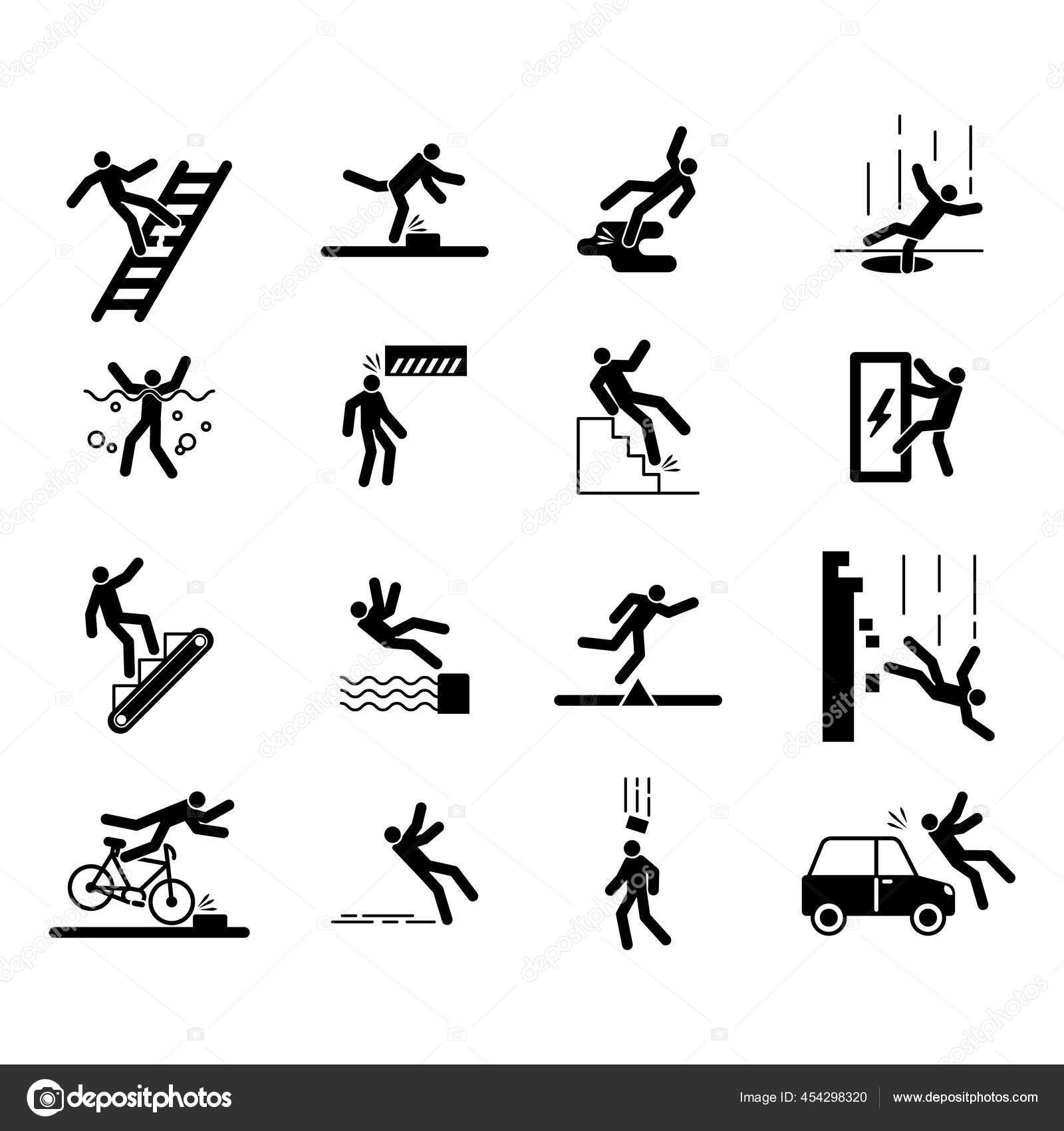 Iconos de accidente, lesiones de personas precaución advertencia segura ...