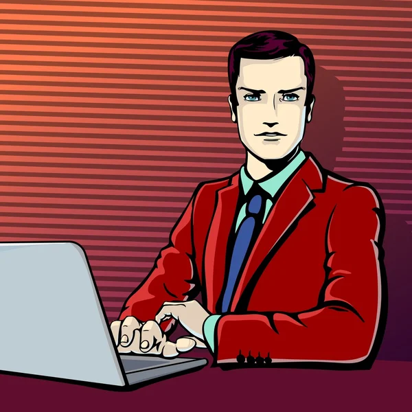 Vector illustration of successful businessman with computer in pop art ...
