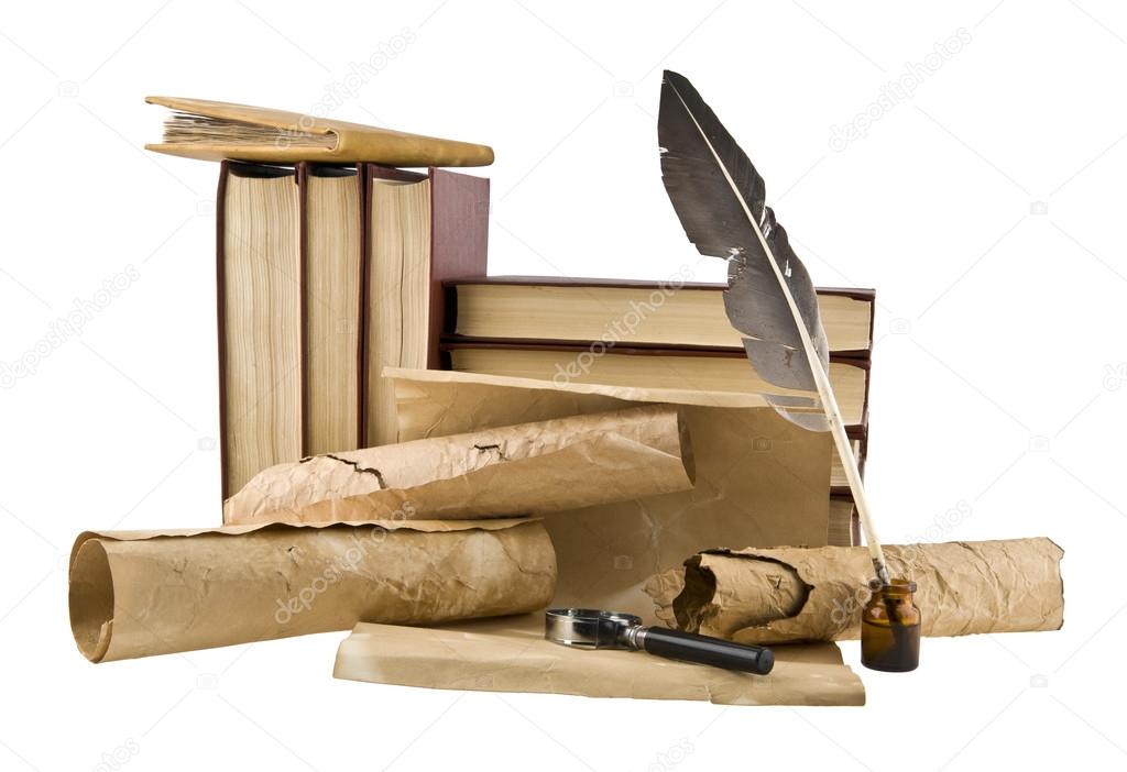 Old book, quill and paper scrolls Stock Photo by ©valzan 95871260