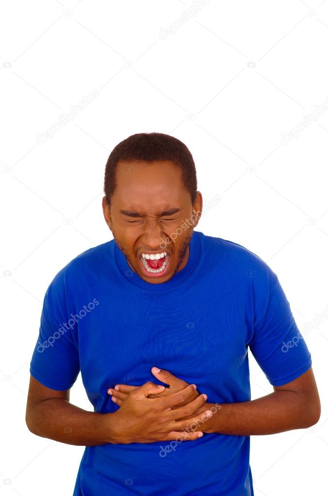 Man wearing strong blue t-shirt standing and laughing hard holding his ...