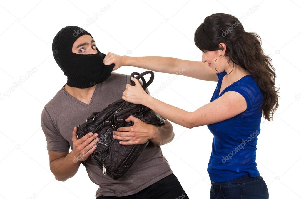 Male thief robbing beautiful young girl — Stock Photo © pxhidalgo #60296183
