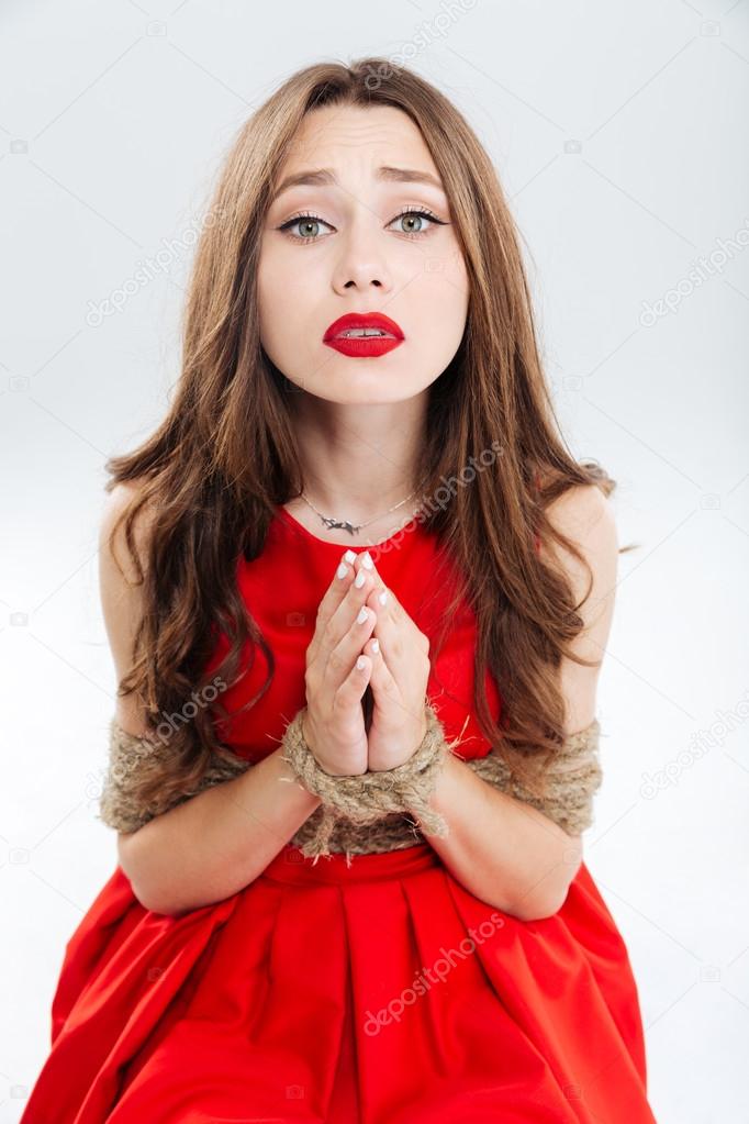 Woman bounded with ropes sitting and begging for help — Stock Photo ...