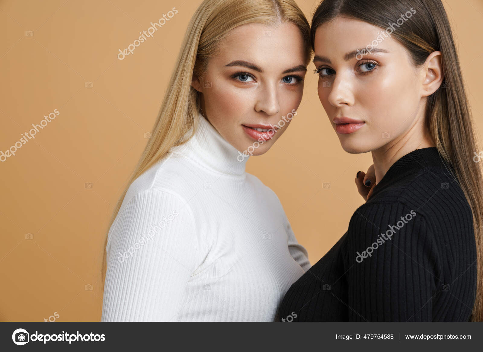 Beautiful Two Women Posing Head Head Camera Isolated Beige Background ...