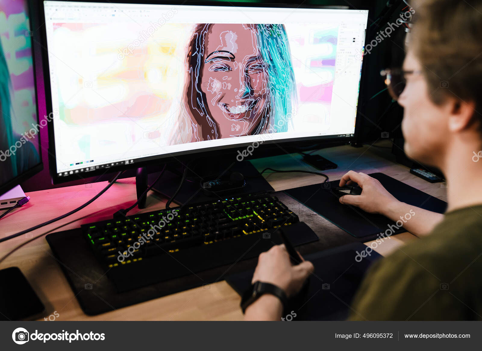 Back View Young White Man Video Editor Sitting Front Big — Stock Photo ...