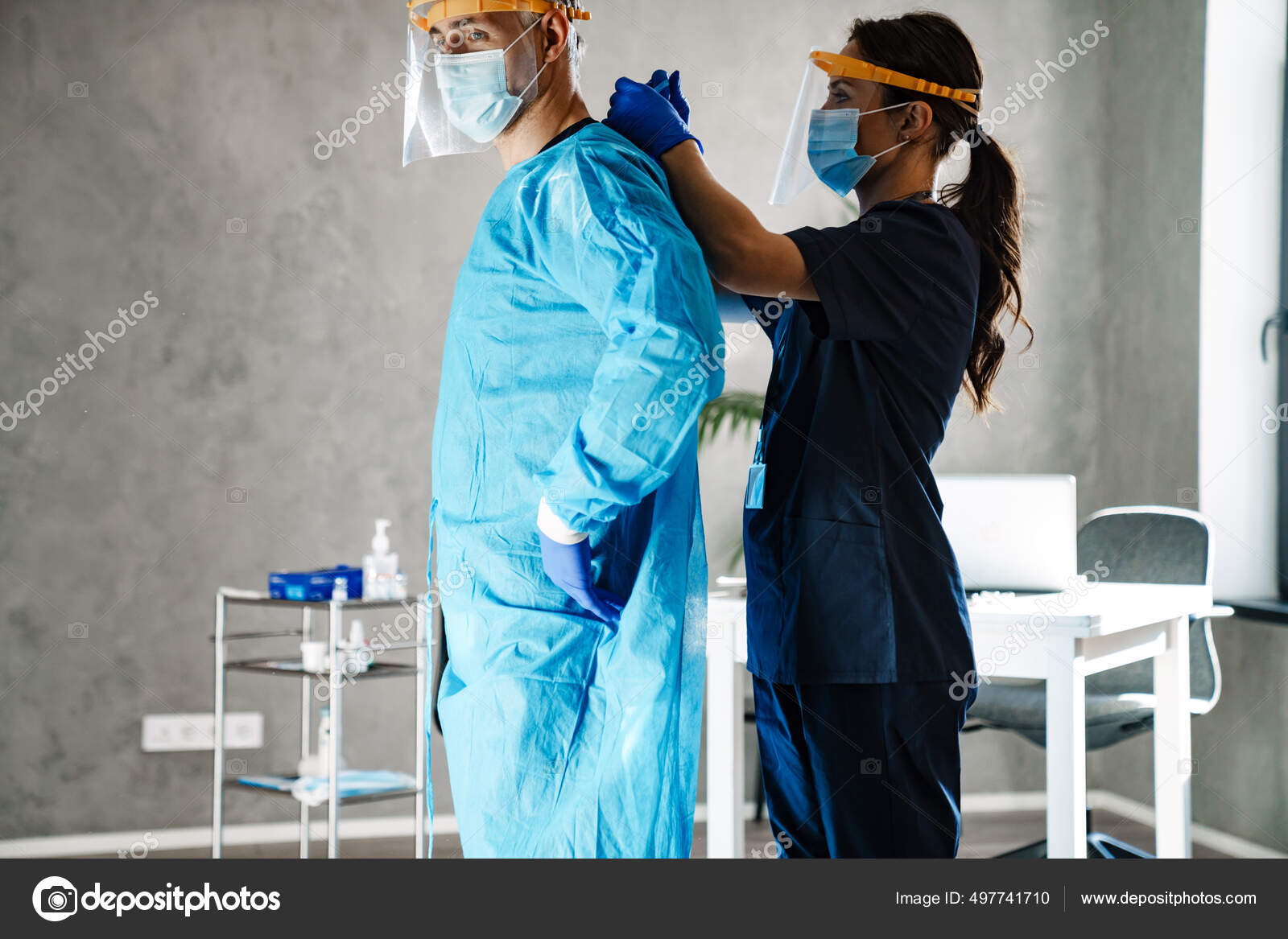 Two Medical Workers Dressing Uniform Standing Indoors Wearing Robes ...