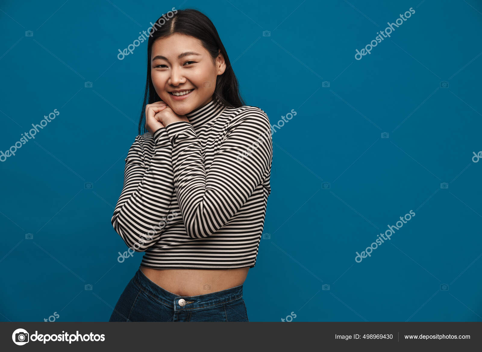 Brunette Asian Teen Girl Smiling Looking Camera Isolated Blue ...