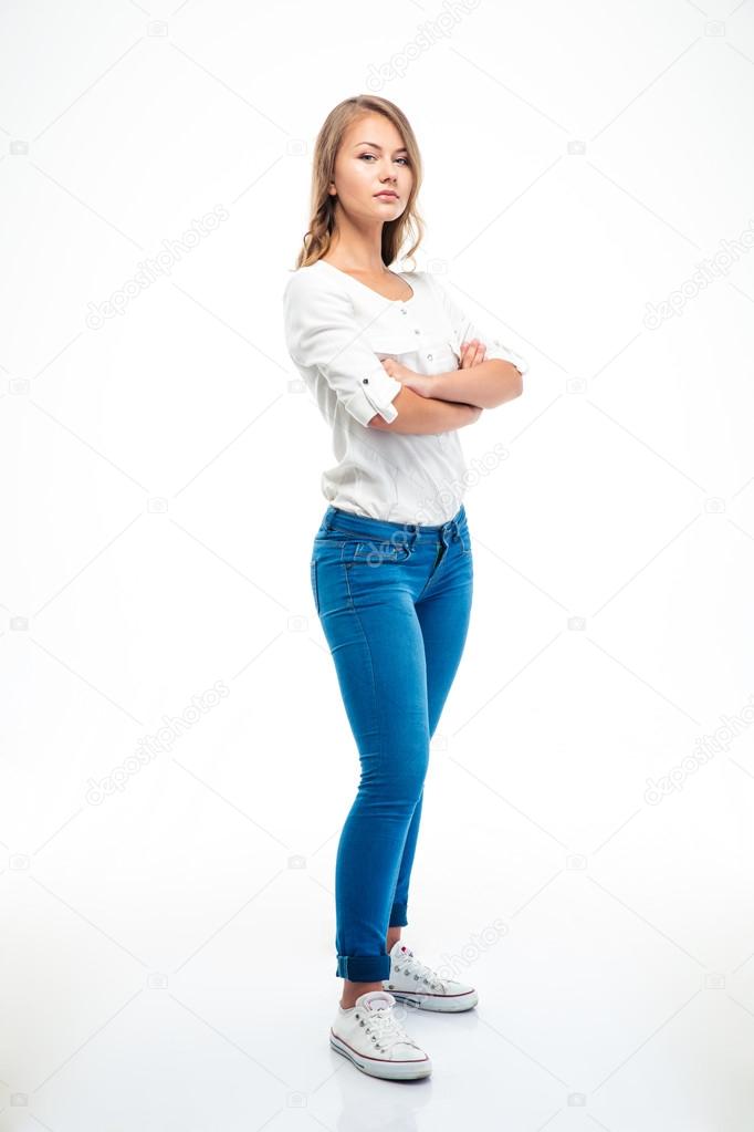 Woman standing with arms folded isolated on a white ⬇ Stock Photo ... Woman standing with arms folded isolated on a white ⬇ Stock Photo ...
