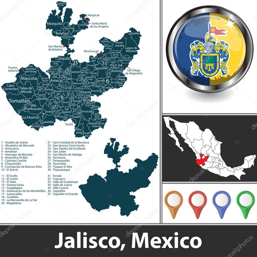 Estado de Jalisco con municipios y ubicación en mapa mexicano. Imagen ...
