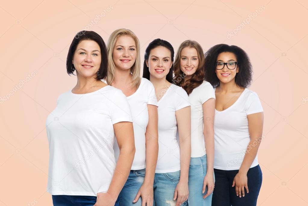 Group of happy different women in white t-shirts Stock Photo by ©Syda ...