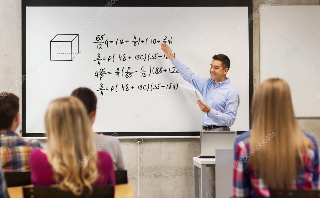 Group of students and happy teacher at white board — Stock Photo © Syda ...