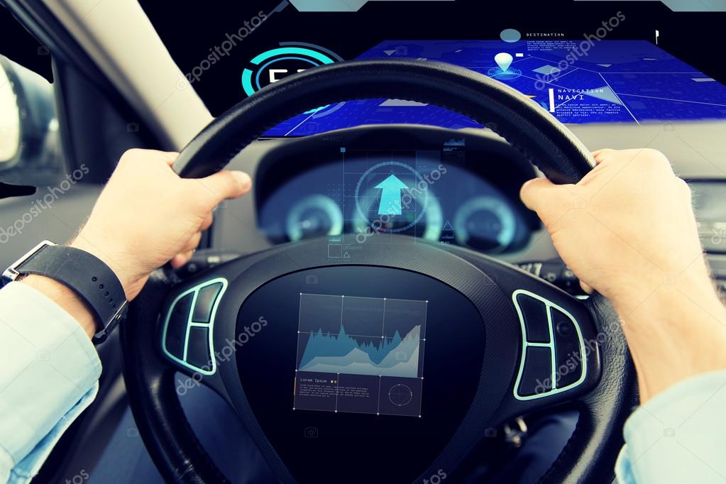 Close up of man driving car with graph on screen — Stock Photo © Syda ...