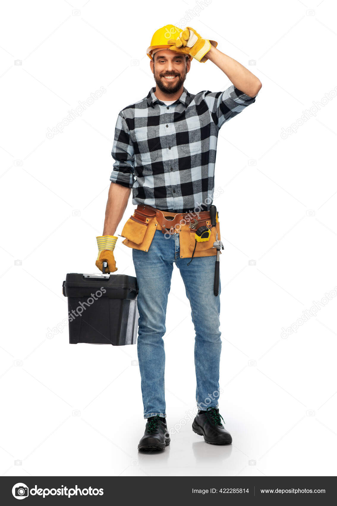 Happy worker or builder in helmet with tool box Stock Photo by ©Syda ...