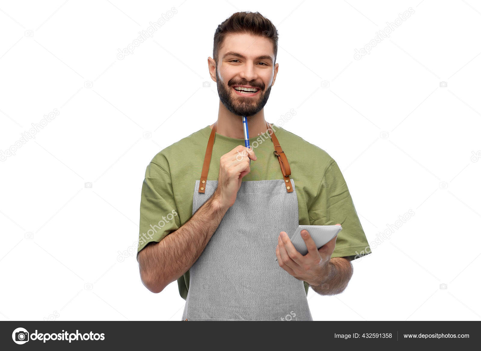 Smiling waiter in apron with pen and notepad — Stock Photo © Syda ...