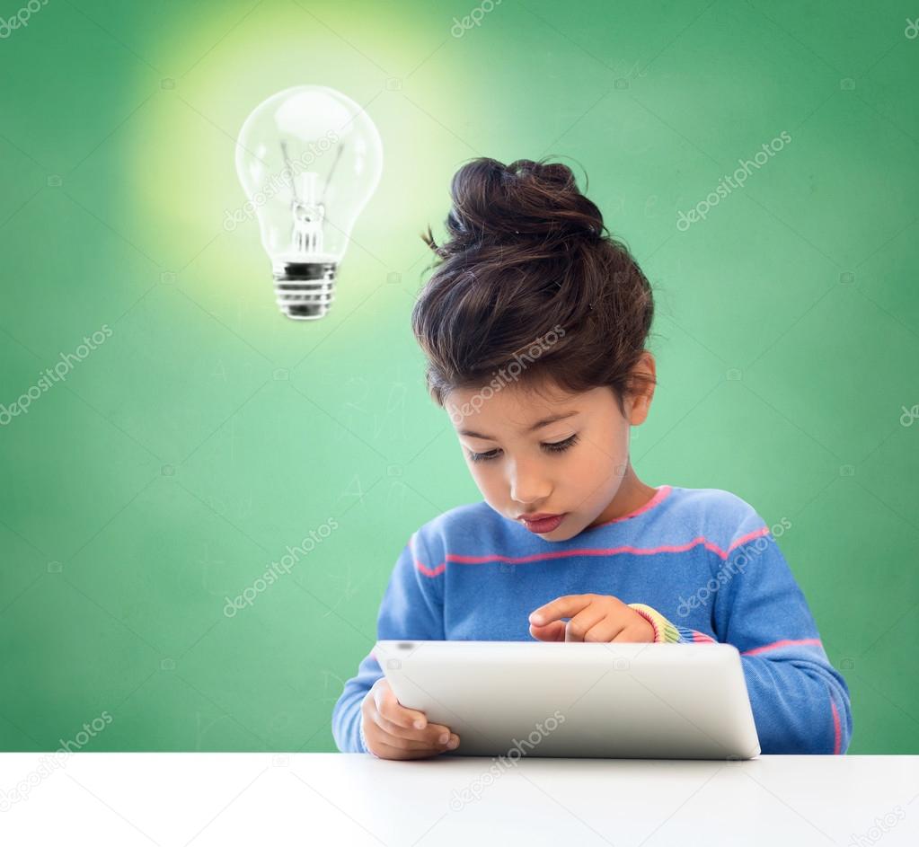 Little girl with tablet pc at school Stock Photo by ©Syda_Productions ...