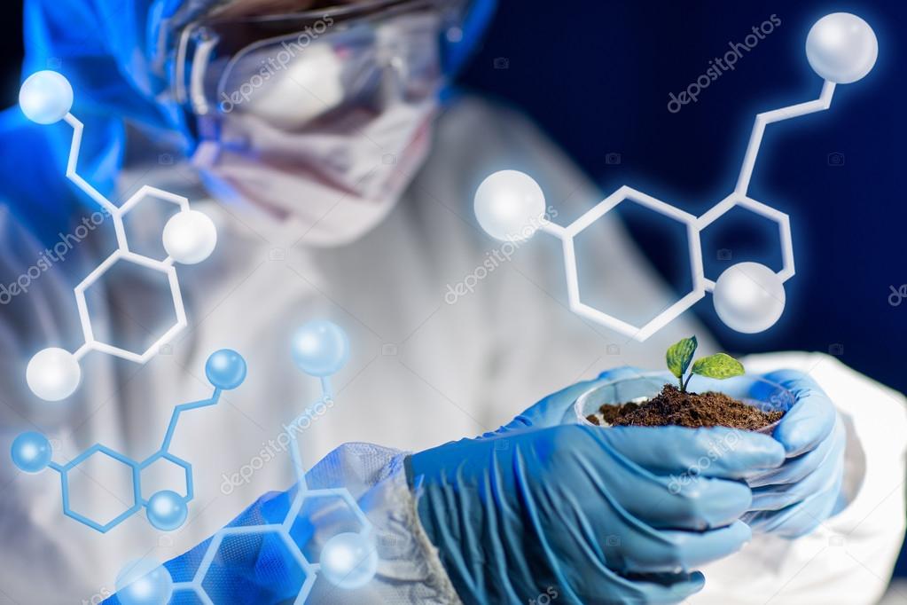 Close up of scientist with plant and soil in lab — Stock Photo © Syda ...