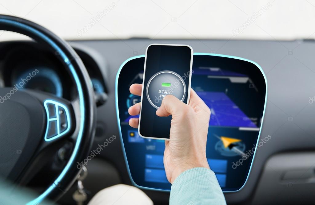Hands with start engine icon on smartphone in car Stock Photo by ©Syda ...