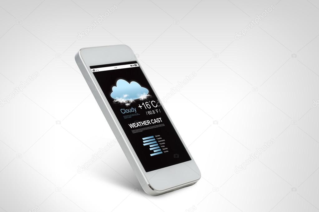 White smarthphone with weather forecast on screen Stock Photo by ©Syda ...