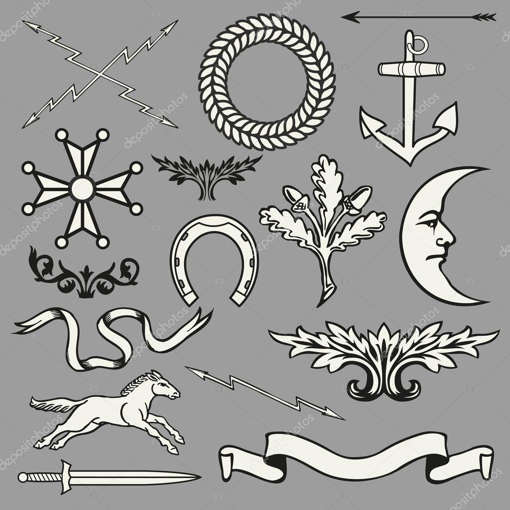 Heraldic symbols and elements — Stock Vector © alvaroc #62813891 Heraldic symbols and elements — Stock Vector © alvaroc #62813891