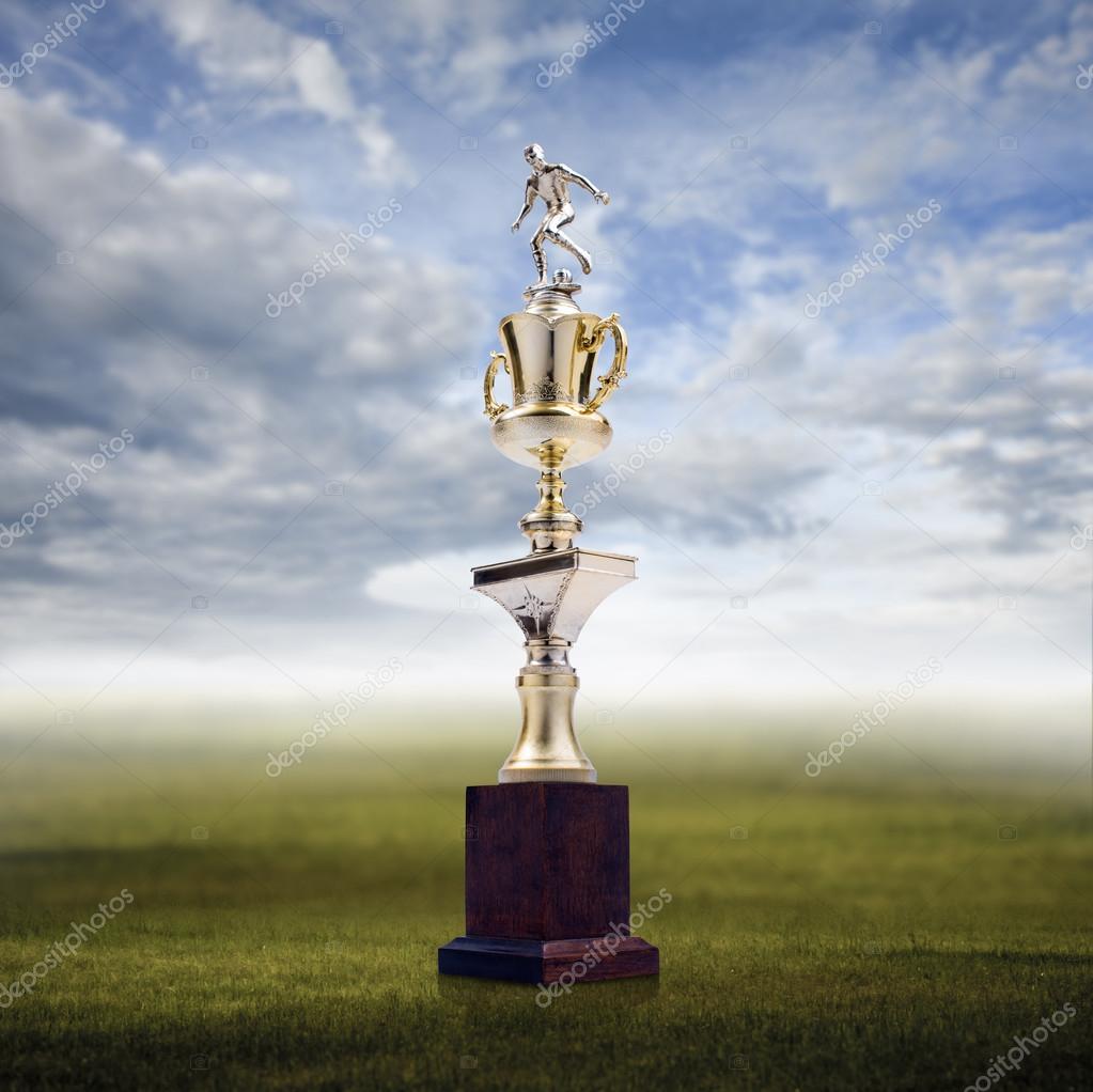 Football trophy with nice landscape background, Success concept — Stock ...