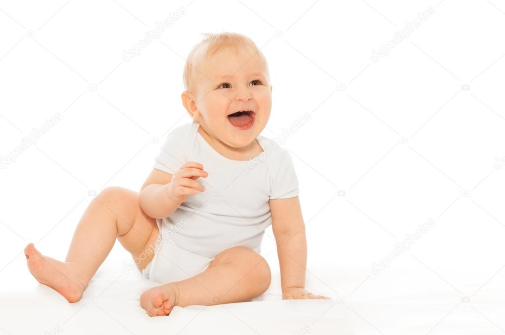 Happy laughing baby in white bodysuit Stock Photo by ©serrnovik 77372246