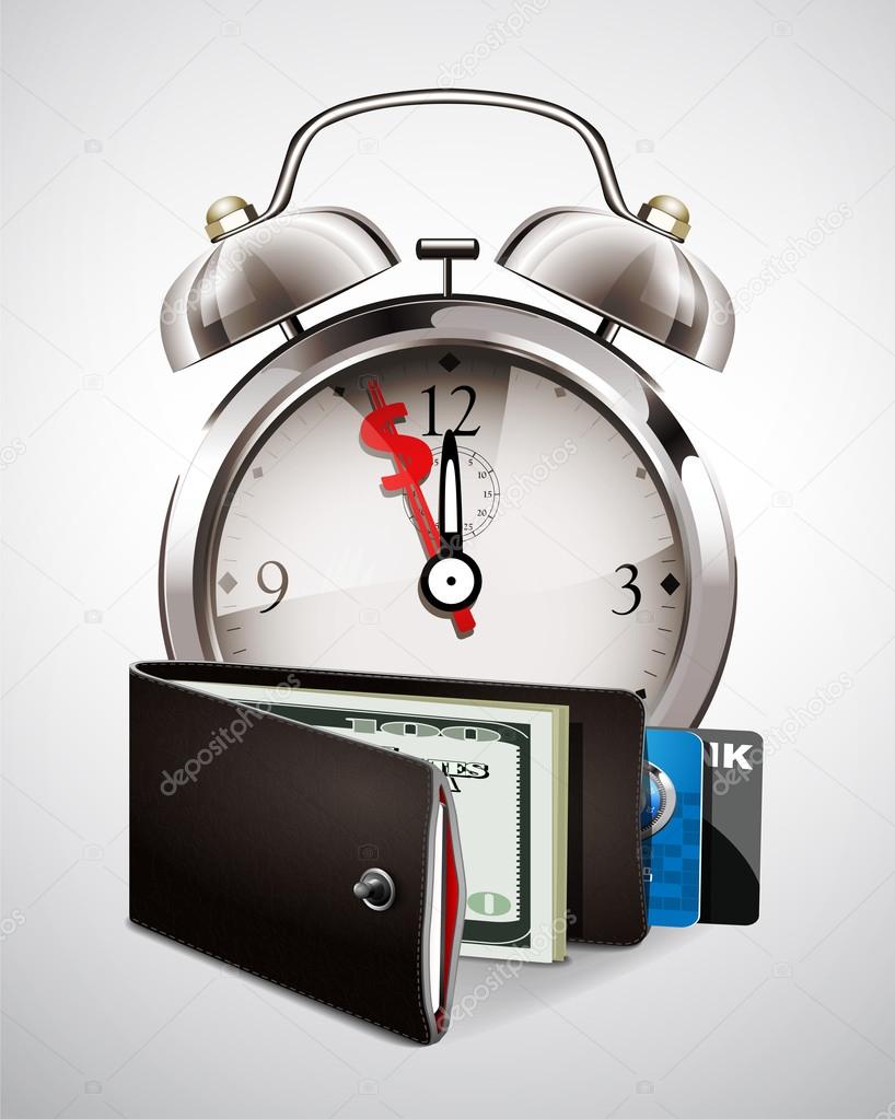 Wallet with cash, credit cards and alarm clock on graph background ...