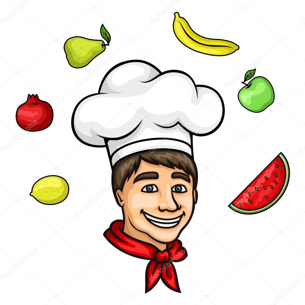 Cartoon young chef in toque with fresh fruits Stock Vector Image by ...