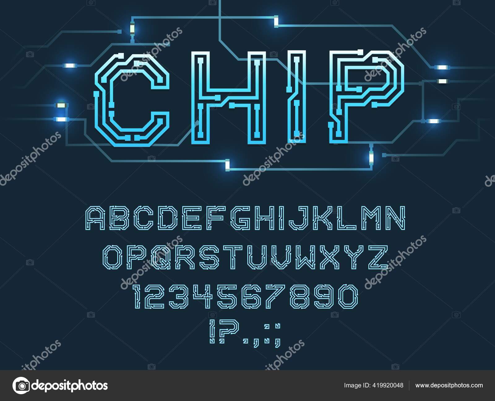 Chip Type Font Vector Alphabet Letters Digits Punctuation Marks Blue ...